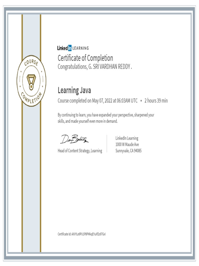 CertificateOfCompletion - Learning Java 2110030217 | PDF | Career & Growth | Business
