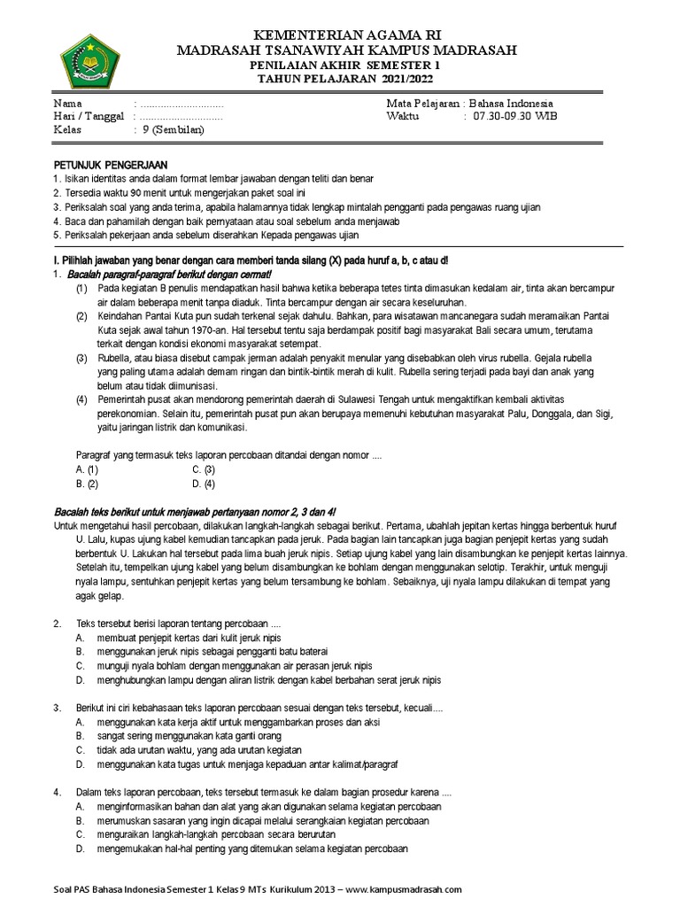 Soal PAS B. Indonesia Kelas IX | PDF | Kajian Bahasa Asing