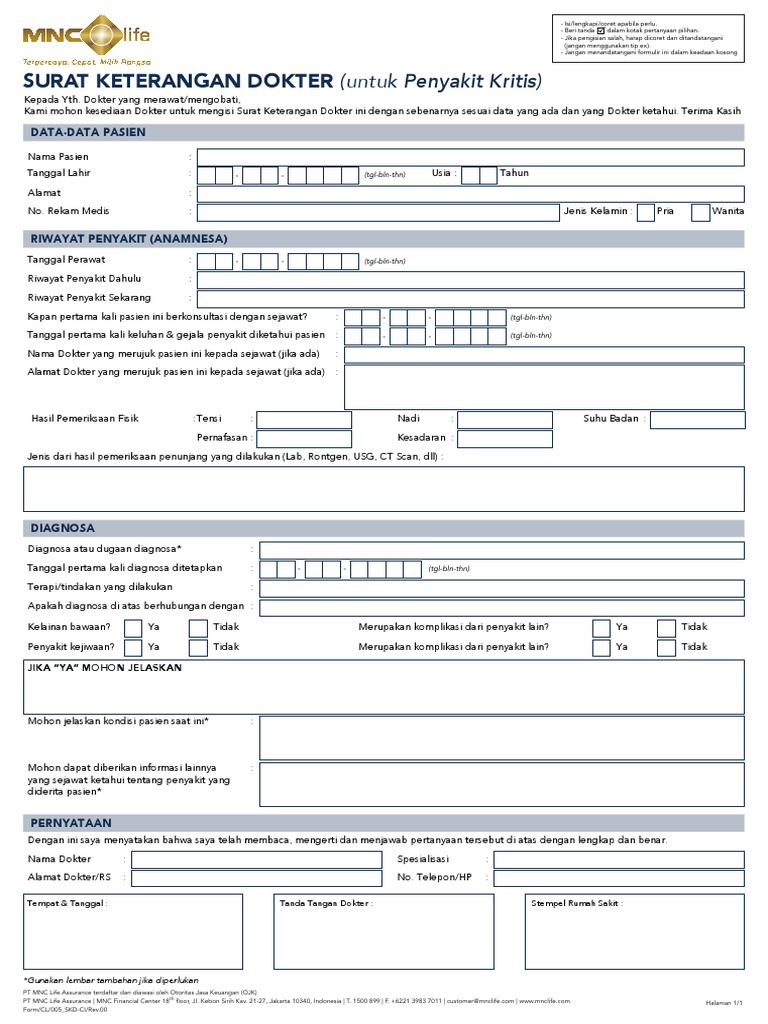 Formulir Surat Keterangan Dokter Untuk Penyakit Kritis | PDF