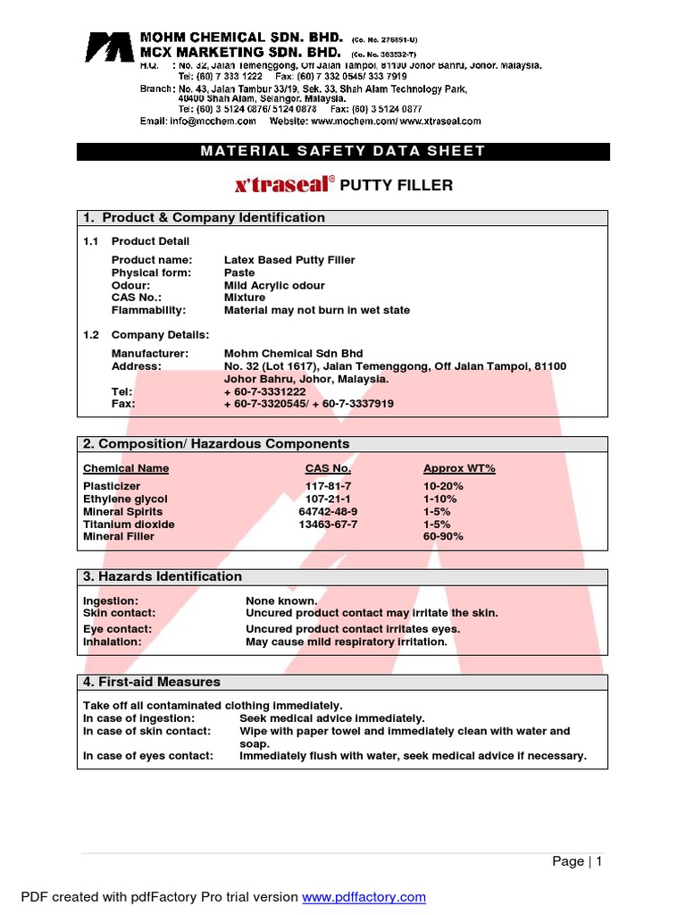 MSDS - Putty Filler | PDF | Dangerous Goods | Chemistry