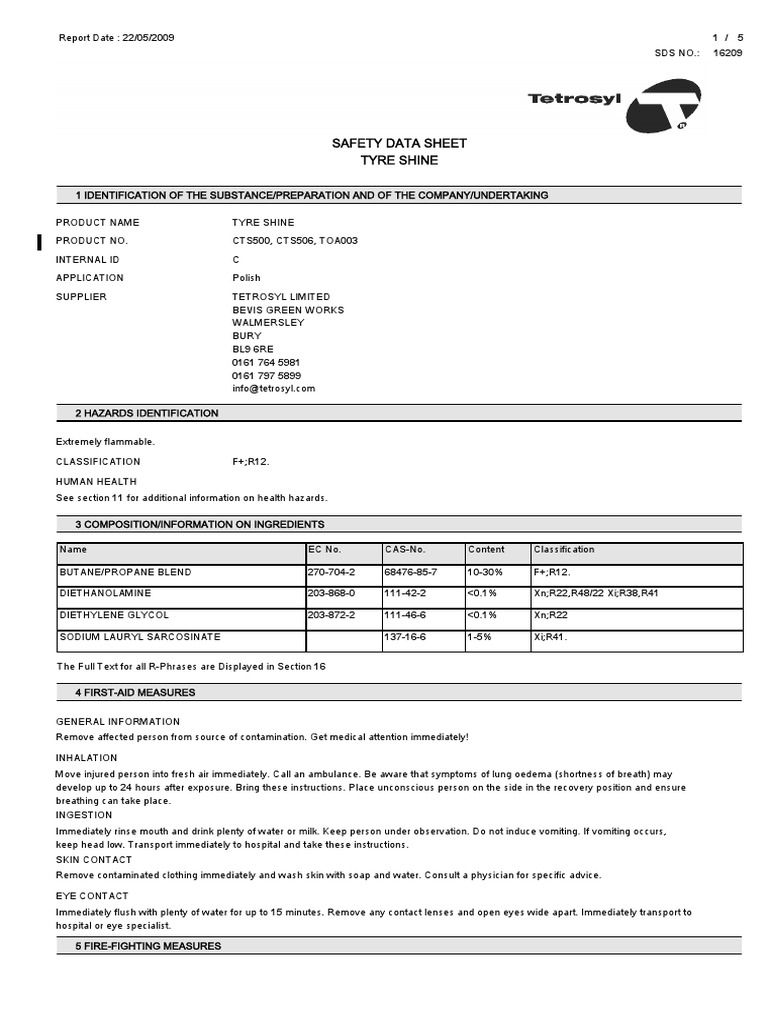 Safety Data Sheet Tyre Shine | PDF | Chemistry | Safety