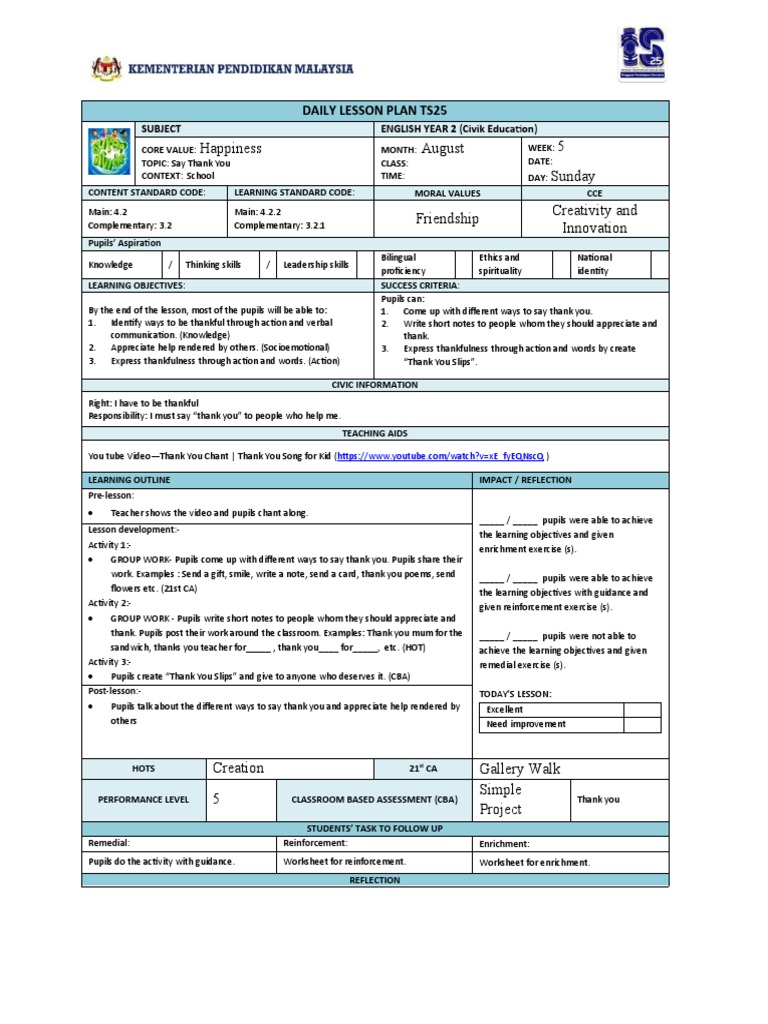 BI Y2 LP TS25 - Civic Education | PDF | Lesson Plan | Teachers