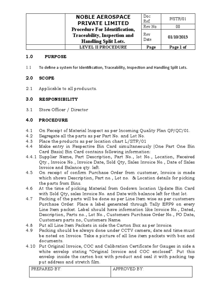 Procedure For Identification, Traceablity, Inspection and Handeling ...