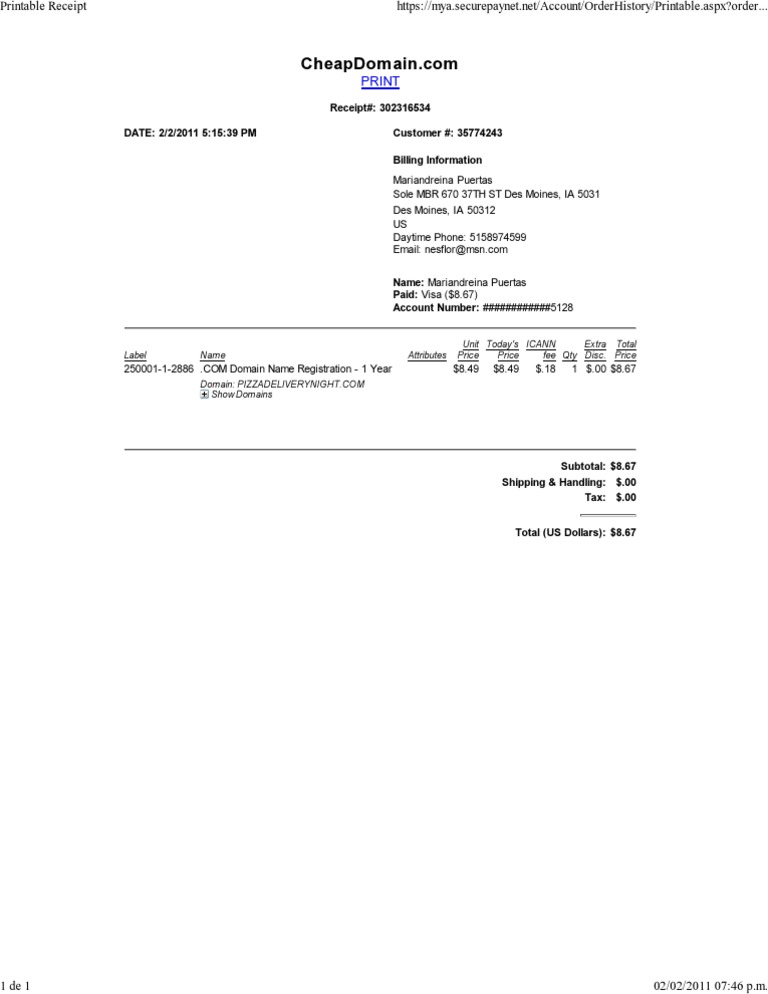 Printable Receipt Pizza Delivery | PDF | Receipt | Payments