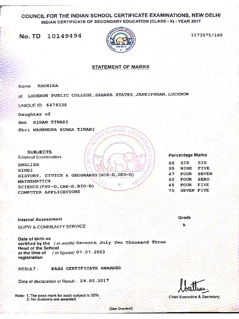10th Marksheet | PDF