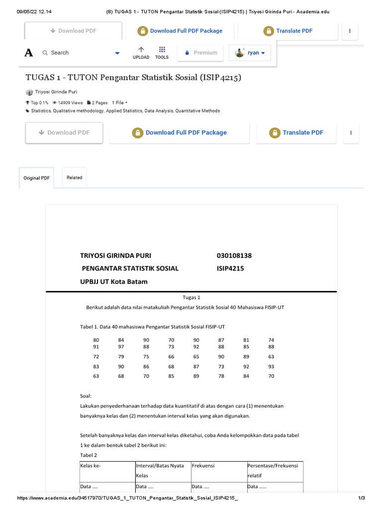 TUGAS 1 - TUTON Pengantar Statistik Sosial | PDF