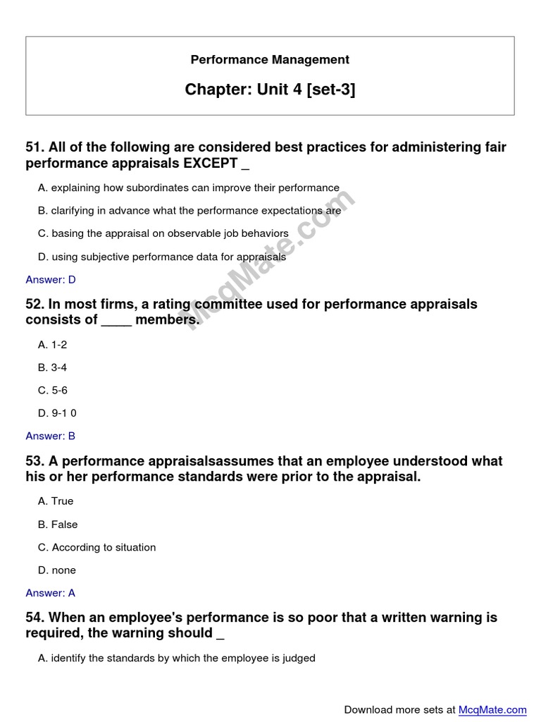 Performance Management (Unit-4 (Set-3) ) Solved MCQs | PDF | Performance Appraisal | Employment