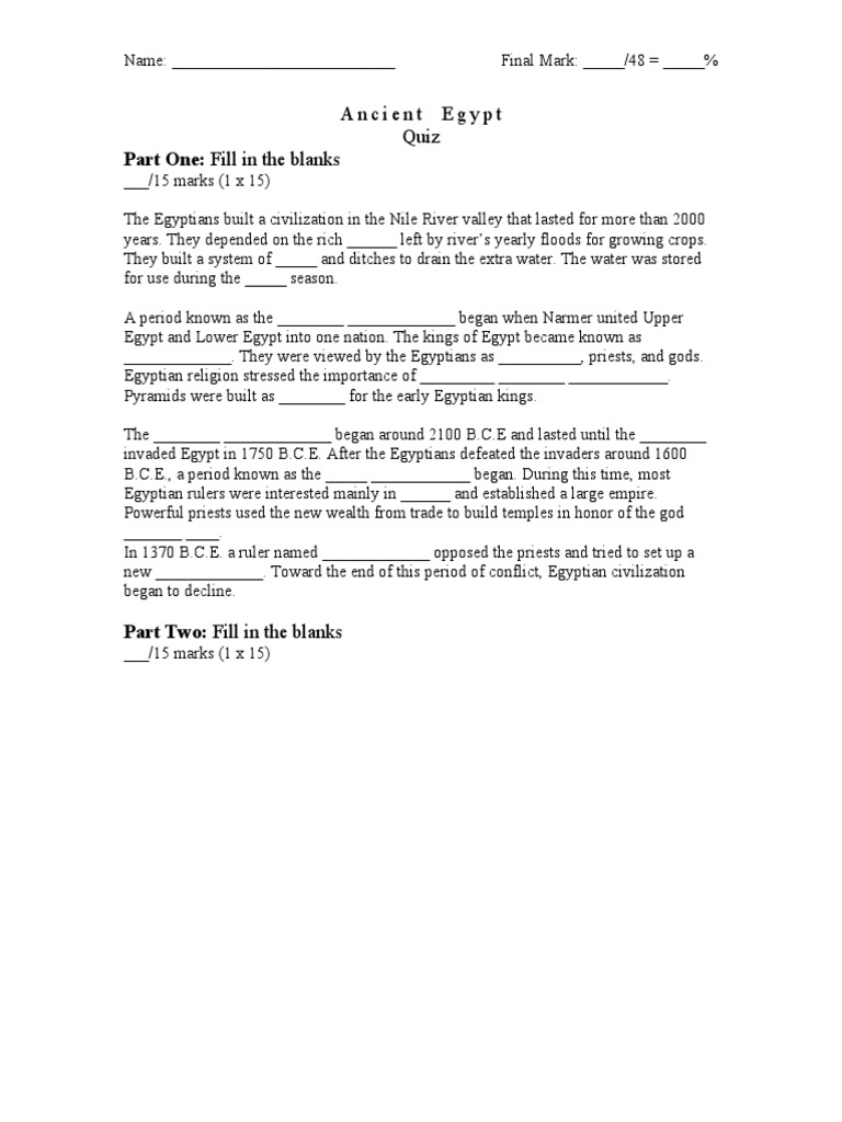 Ancient Egypt Quiz: Fill in the Blanks | PDF