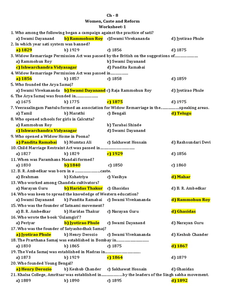 CH-8 History Worksheet-1 Answer Key | PDF | Swami Vivekananda | Dalit