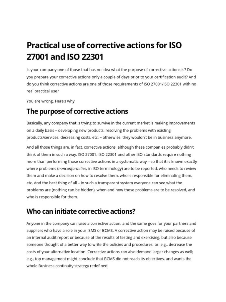 Practical Use of Corrective Actions For ISO 27001 and ISO 22301 | PDF ...