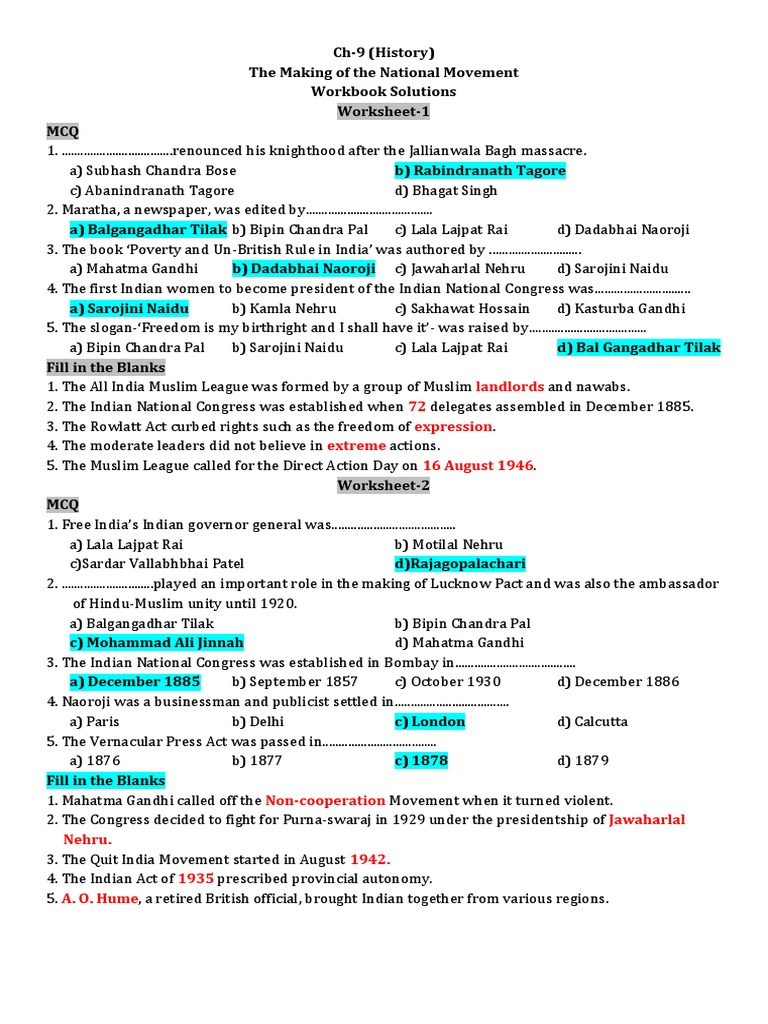 National Movement History Workbook Solutions | PDF | Indian National ...