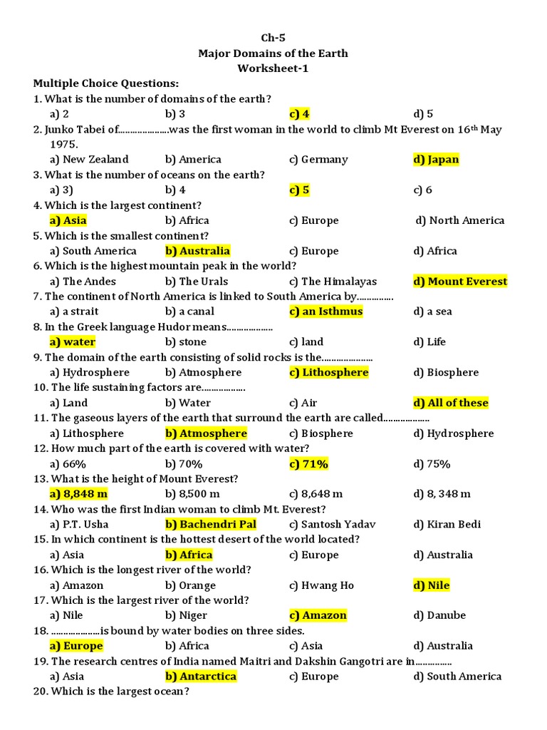 CH-5 Geo Worksheet-1 Answer Key | PDF | Oceans | Pacific Ocean
