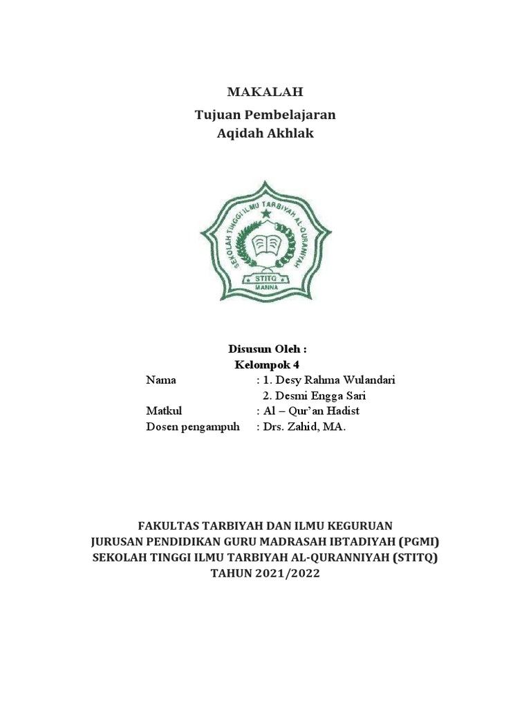 Makalah Tujuan Pembelajaran Aqidah Akhlak | PDF