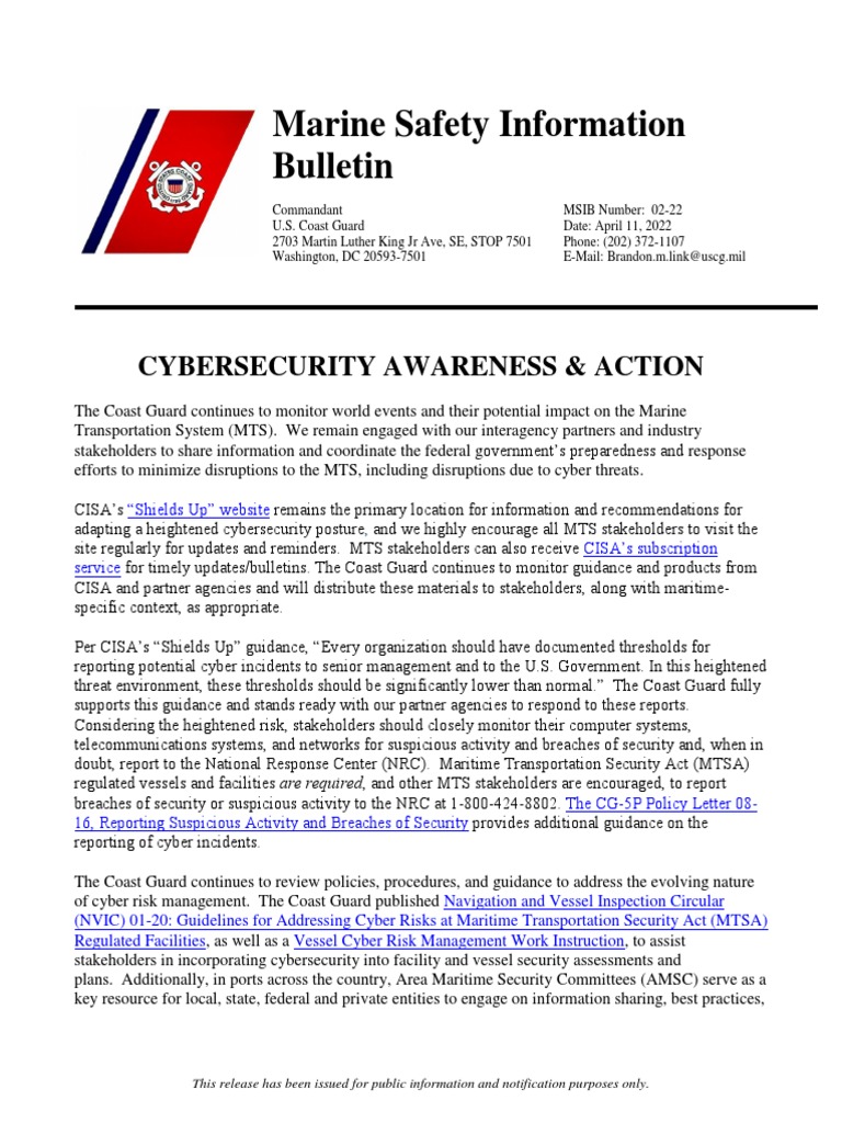 Marine Safety Information Bulletin: Cybersecurity Awareness & Action ...
