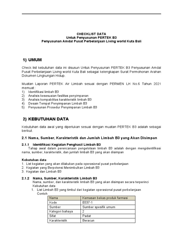 Checklist Data PERTEK B3 Amdal Kuta Bali | PDF
