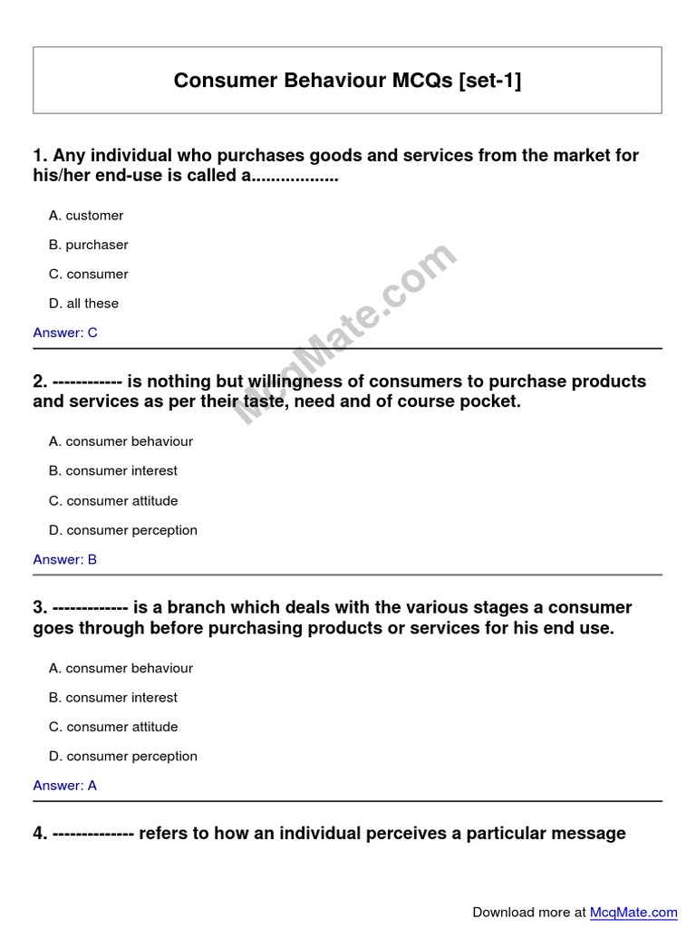 Consumer Behaviour MCQs Set 1 | PDF | Consumer Behaviour | Behavior