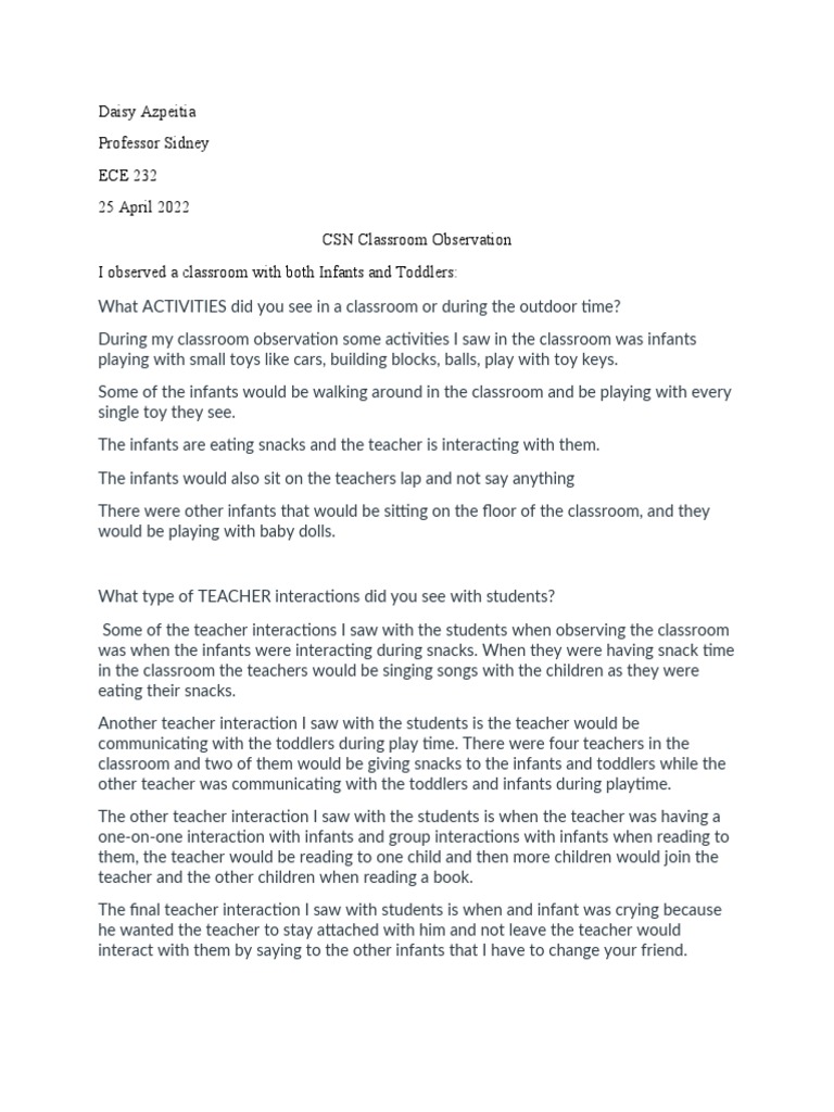 ECE 232 Classroom Observation Report | PDF | Infants | Classroom