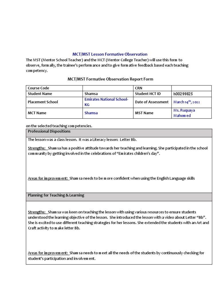 MCT/MST Formative Observation Report Form | PDF