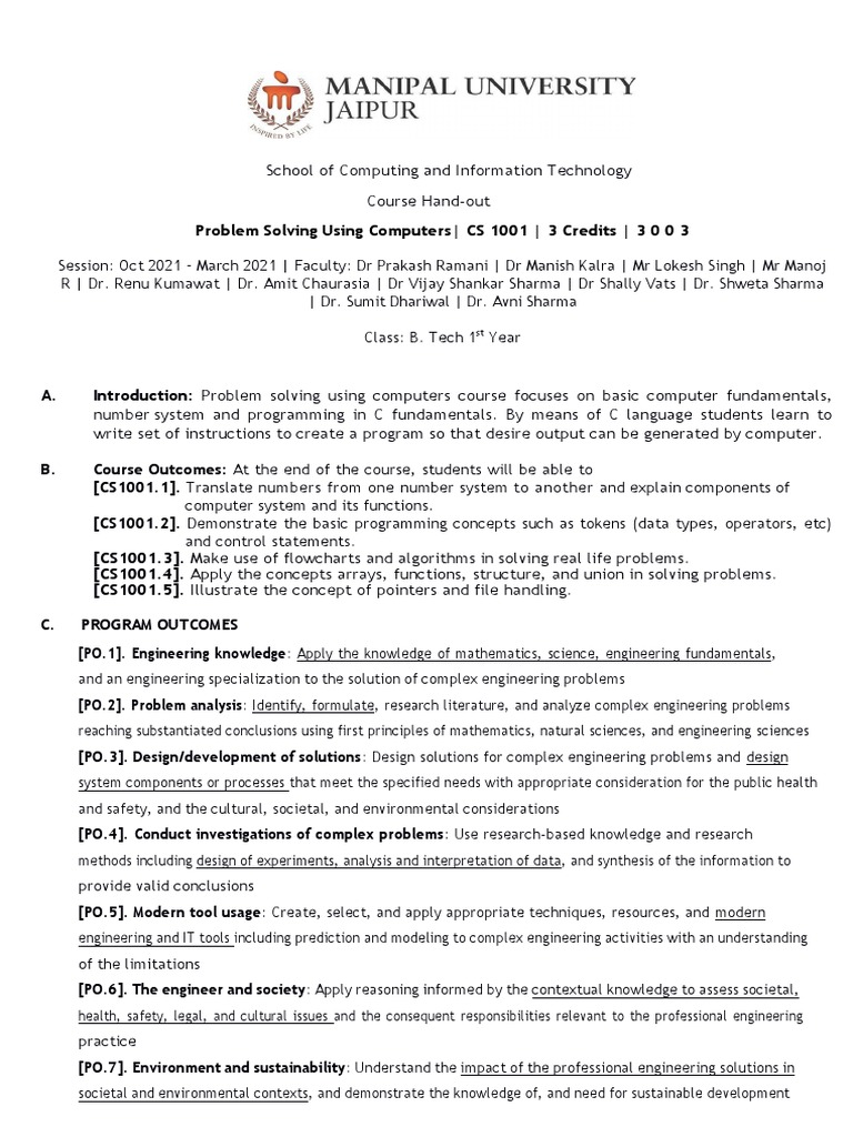 Problem Solving Using Computers - CS 1001 - 3 Credits - 3 0 0 3 | PDF ...