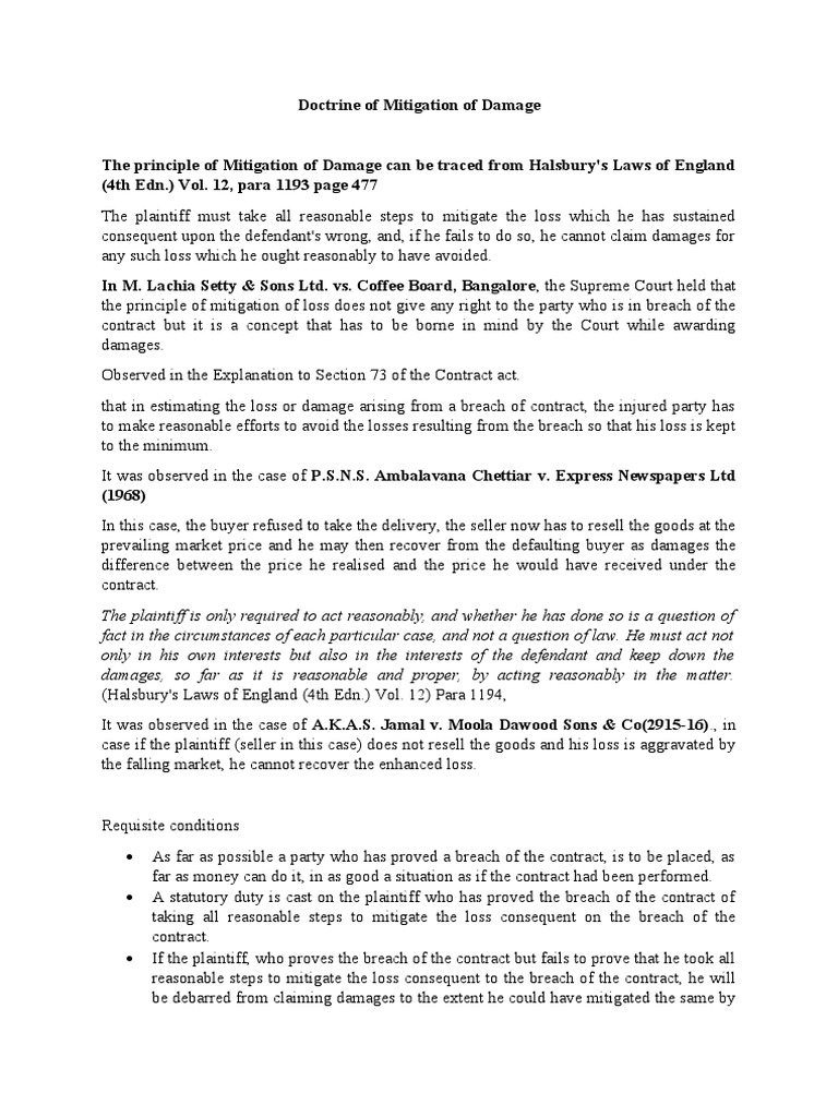 Doctrine of Mitigation of Damage | PDF | Breach Of Contract | Damages