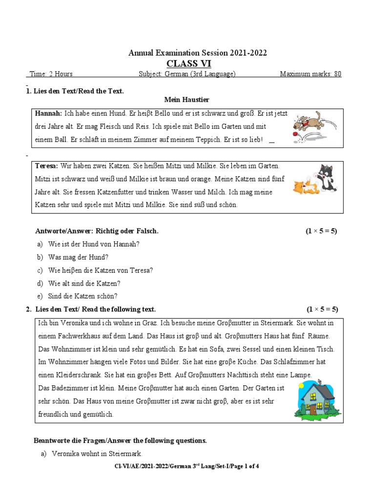 German Class 6 Final Term 2021-22 | PDF