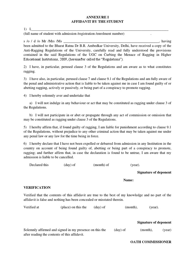 Annexure I Affidavit by The Student | PDF | Affidavit | Misconduct