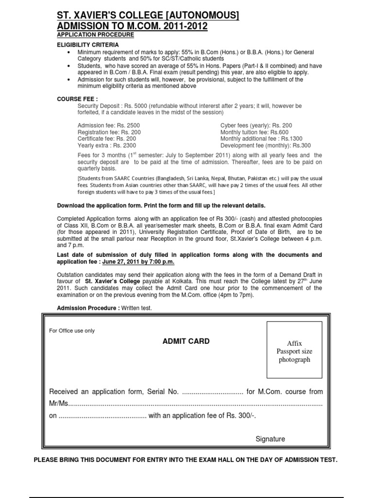 St. Xavier'S College (Autonomous) : Admit Card | PDF | University And ...