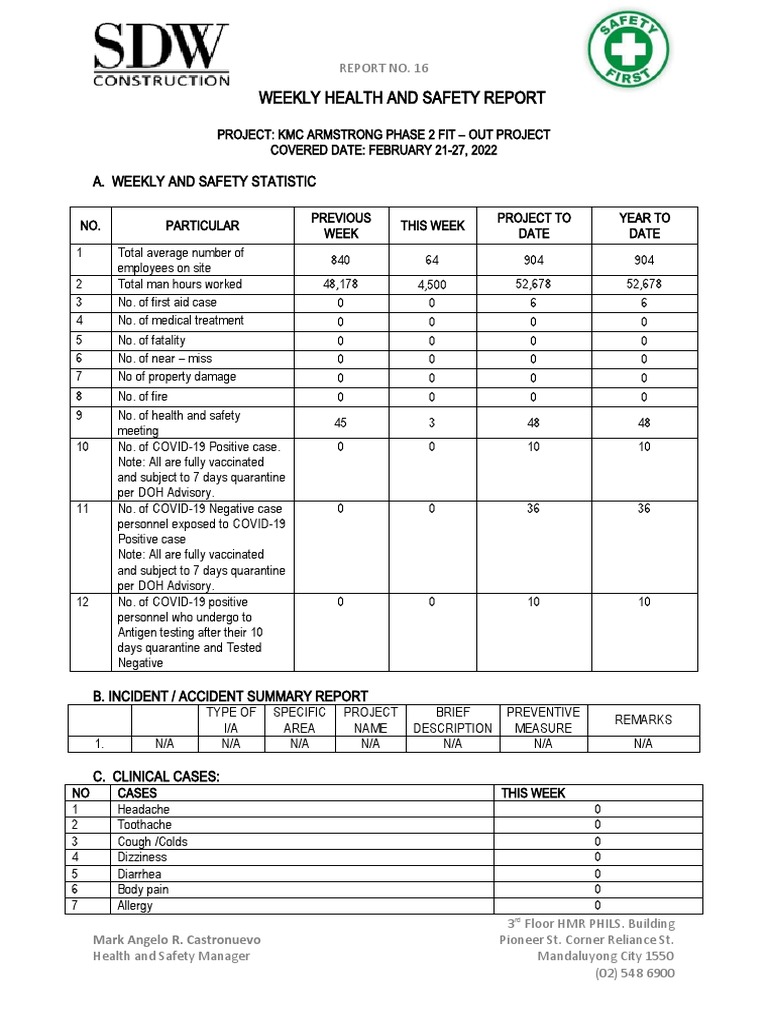 Hse Weekly Report Sample | PDF | Occupational Safety And Health | Diseases And Disorders