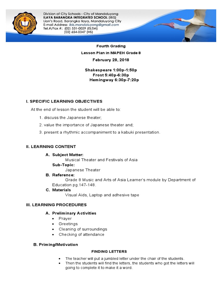 Grade 8 Arts Lesson Plan: Japanese Theater | PDF | Teachers | Teaching