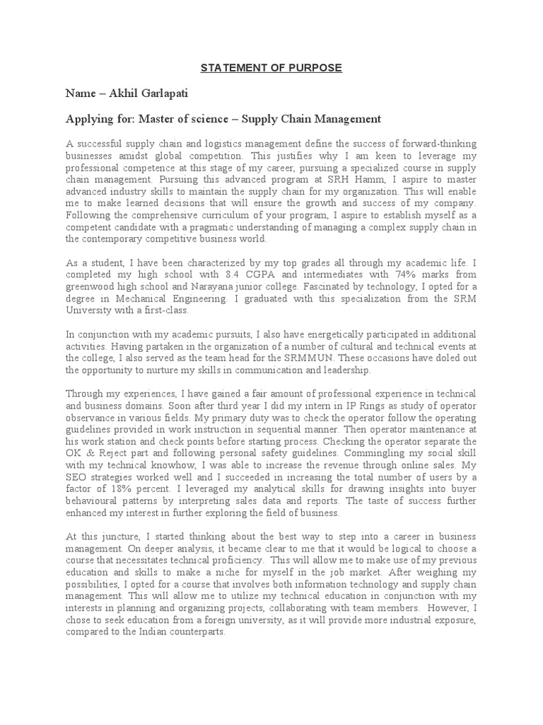 STATEMENT OF PURPOSE - Supply Chain Management | PDF | Cognition