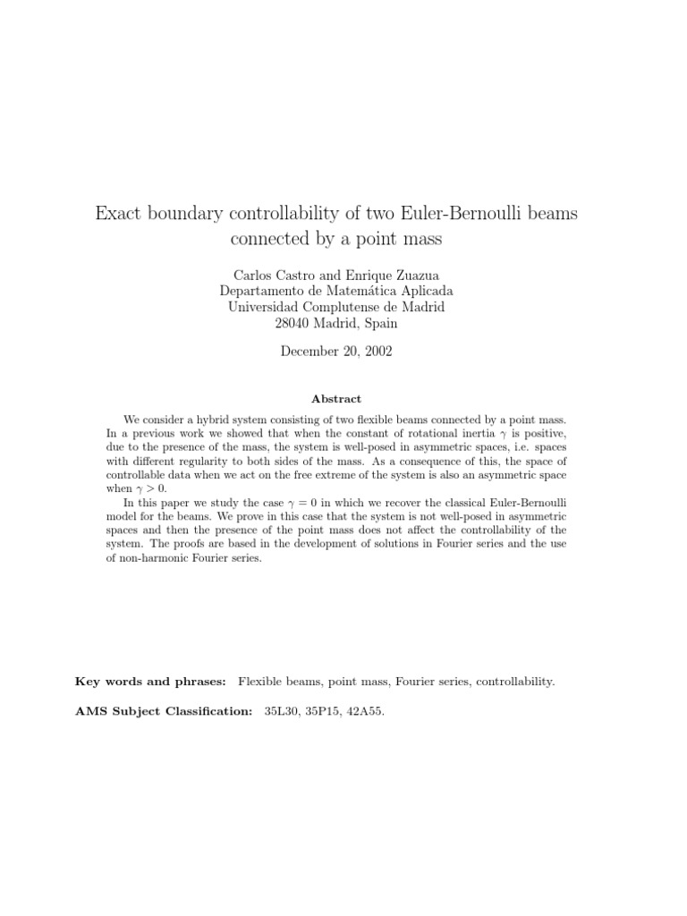 Exact Boundary Controllability of Two Euler-Bernoulli Beams Connected by A Point Mass | PDF ...