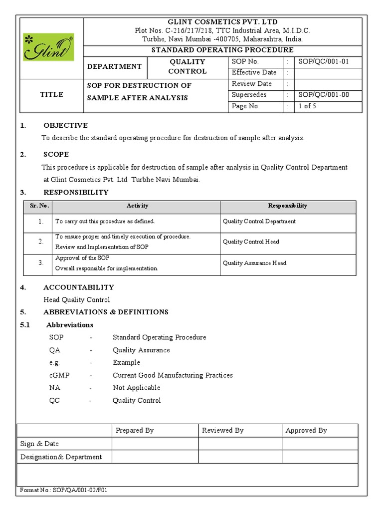 Sop For Destruction of Sample After Analysis. | PDF | Quality Assurance ...