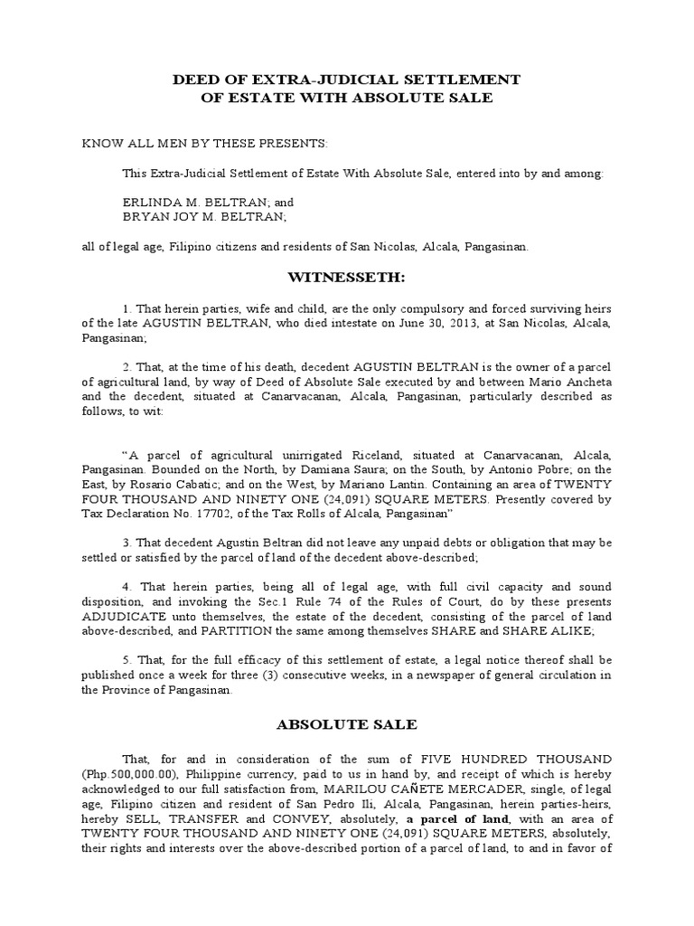 Deed of Extra-Judicial Settlement of Estate With Absolute Sale | PDF ...