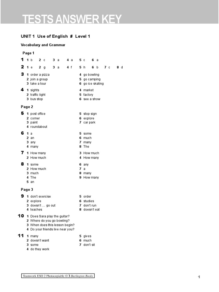 Tests Answer Key: UNIT 1 Use of English # Level 1 | PDF