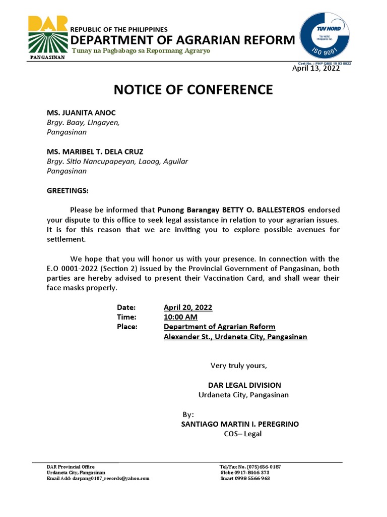 Agrarian Reform Conference Notices Pangasinan | PDF
