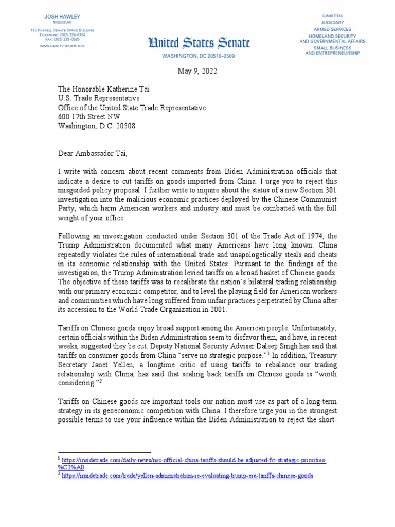 2022-05-09 Hawley - Letter To USTR Ambassador Tai On Section 301 China ...