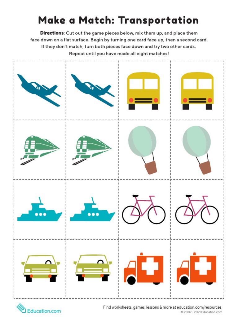 Make A Match: Transportation: Directions: Cut Out The Game Pieces Below ...