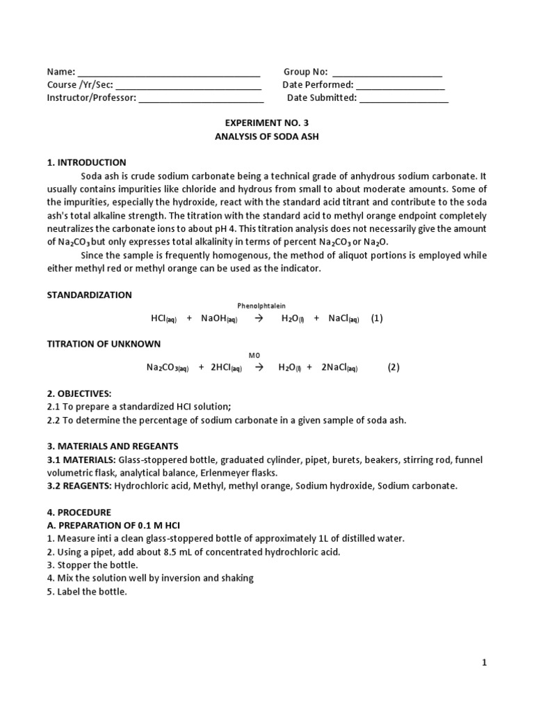 Analysis of Soda Ash in Chemistry Lab | PDF | Sodium Hydroxide | Sodium ...