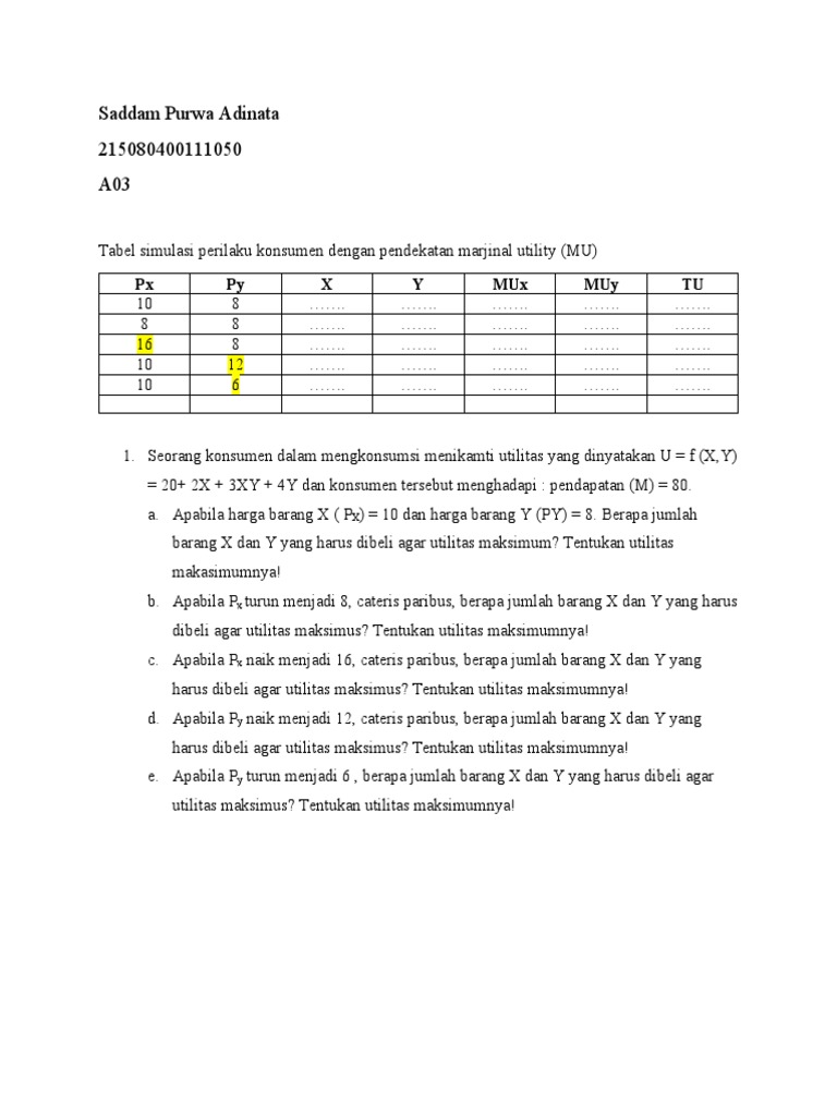 Tabel Simulasi Perilaku Konsumen Dengan Pendekatan Marjinal Utility | PDF