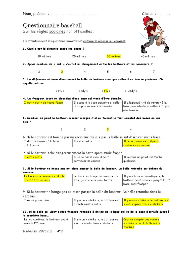 Questionnaire sur les règles du baseball | PDF | Sports d'été | Des sports
