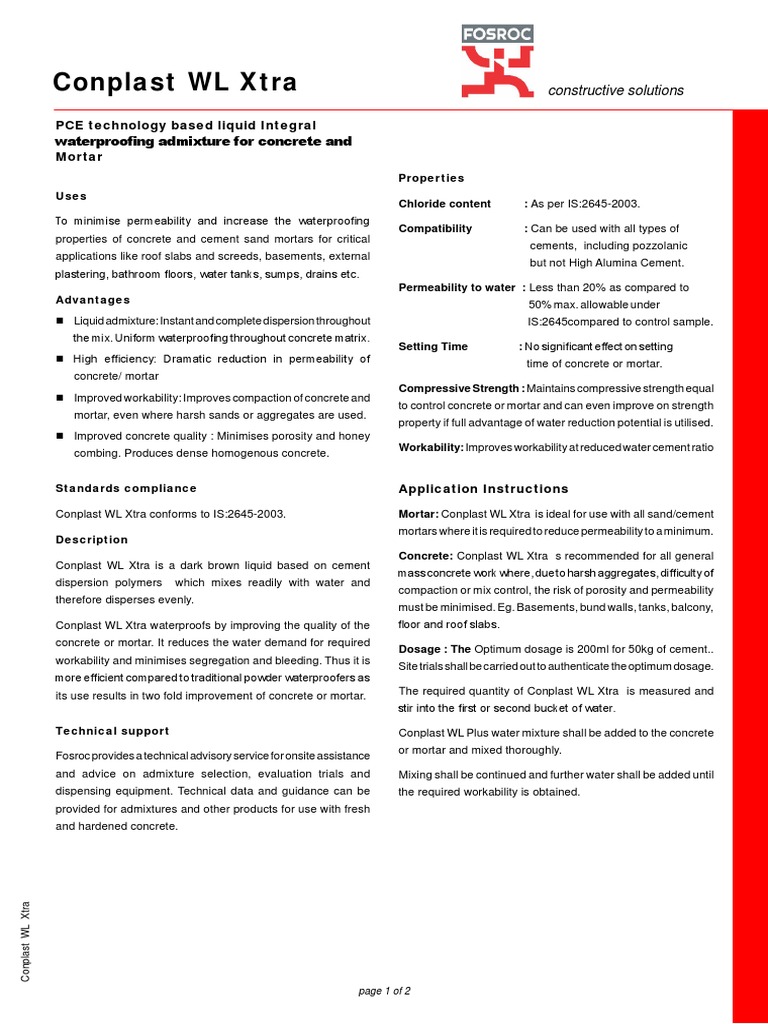Conplast WL Xtra | PDF | Concrete | Mortar (Masonry)