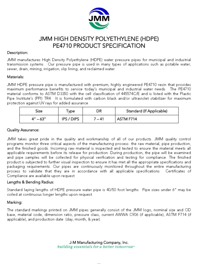Hdpe Spec Sheet Pe4710 | PDF | Pipe (Fluid Conveyance) | Specification ...