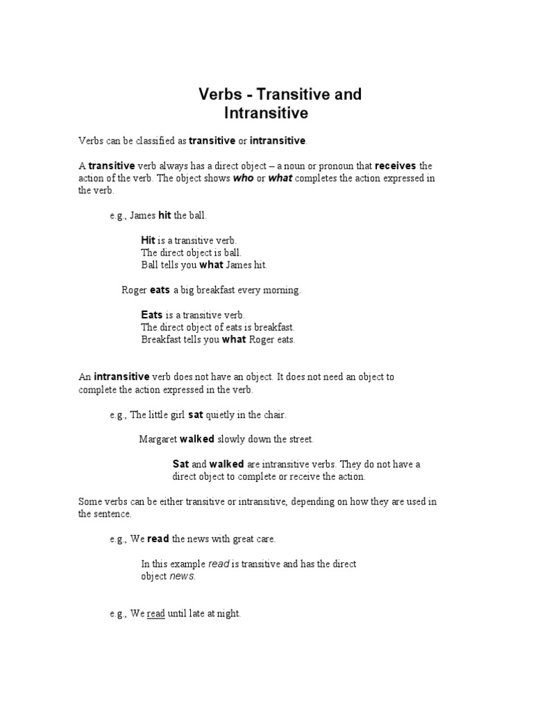 Transitive and Intransitive Verbs Guide | PDF | Verb | Object (Grammar)