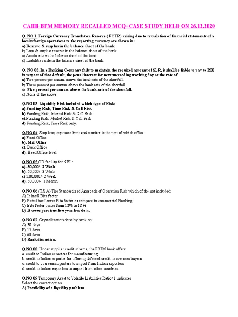 BFM Memory Based Questions | Download Free PDF | Banks | Credit