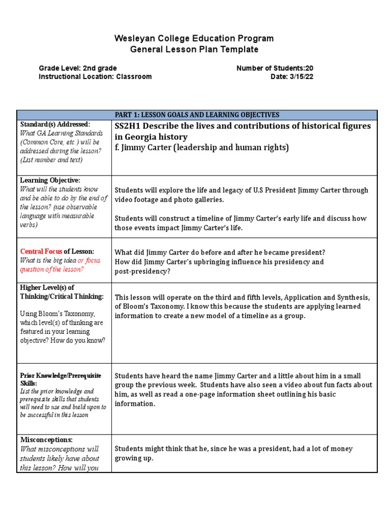 Wesleyan College Education Program General Lesson Plan Template | PDF ...