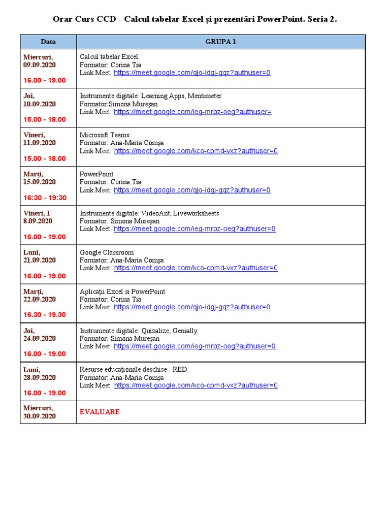 Orar Curs CCD - Calcul Tabelar - Excel Și PowerPoint GRUPA 1 | PDF