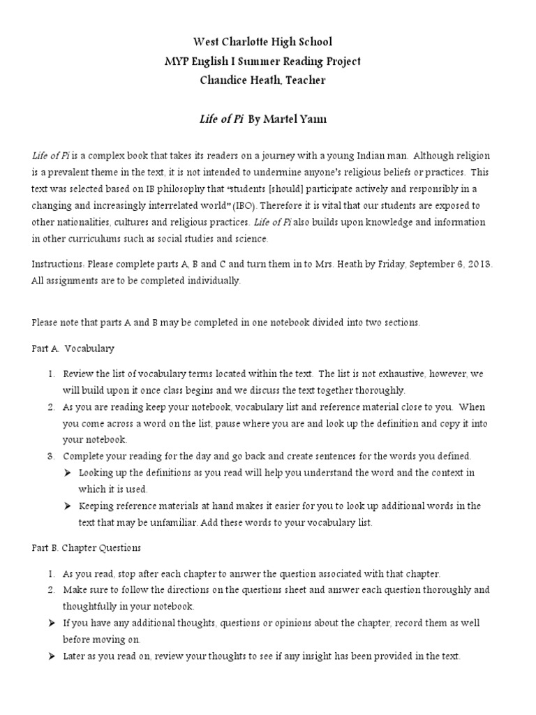 9th Grade IB Life of Pi Summer Reading Assignment | PDF | Philosophy ...