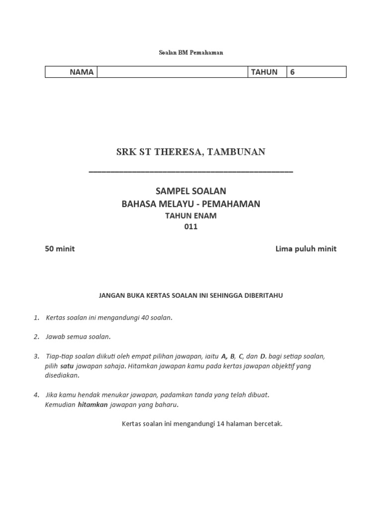 Soalan Pemahaman BM Tahun 6 | PDF