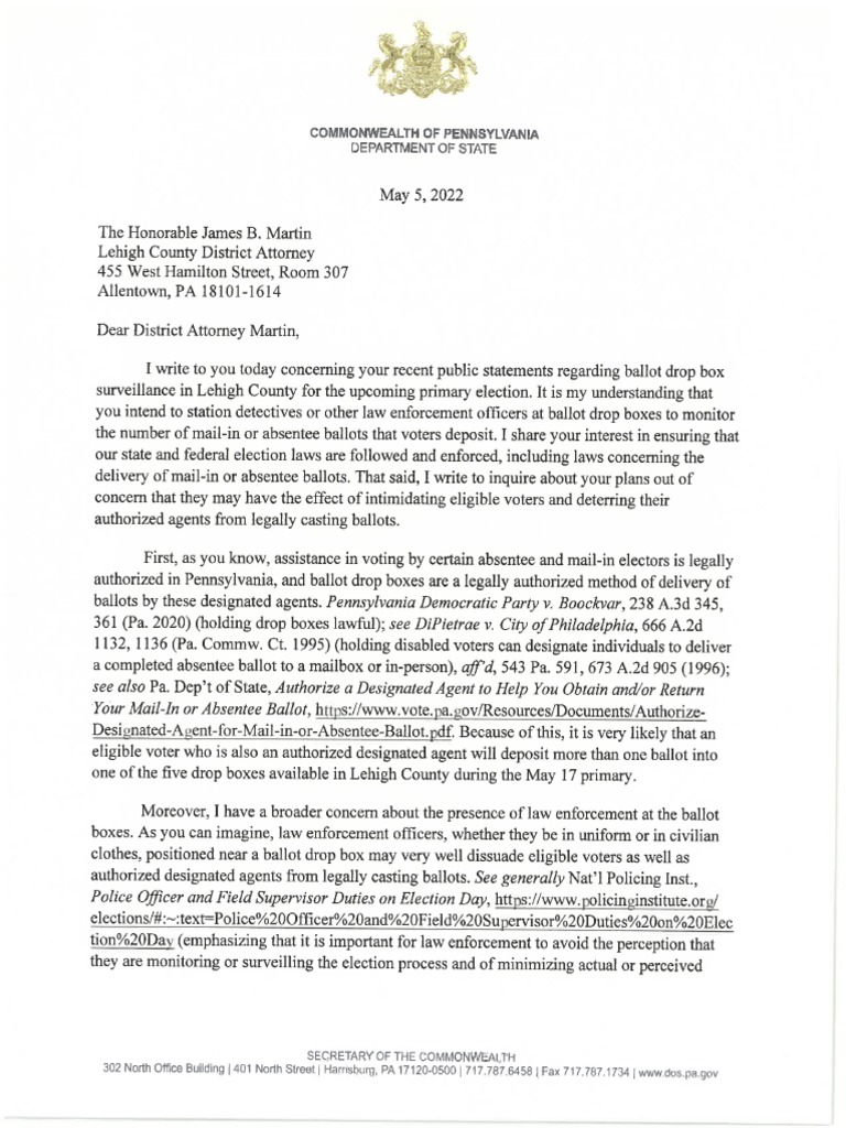 PA Secretary of State's Letter To Lehigh Co. DA Jim Martin | PDF