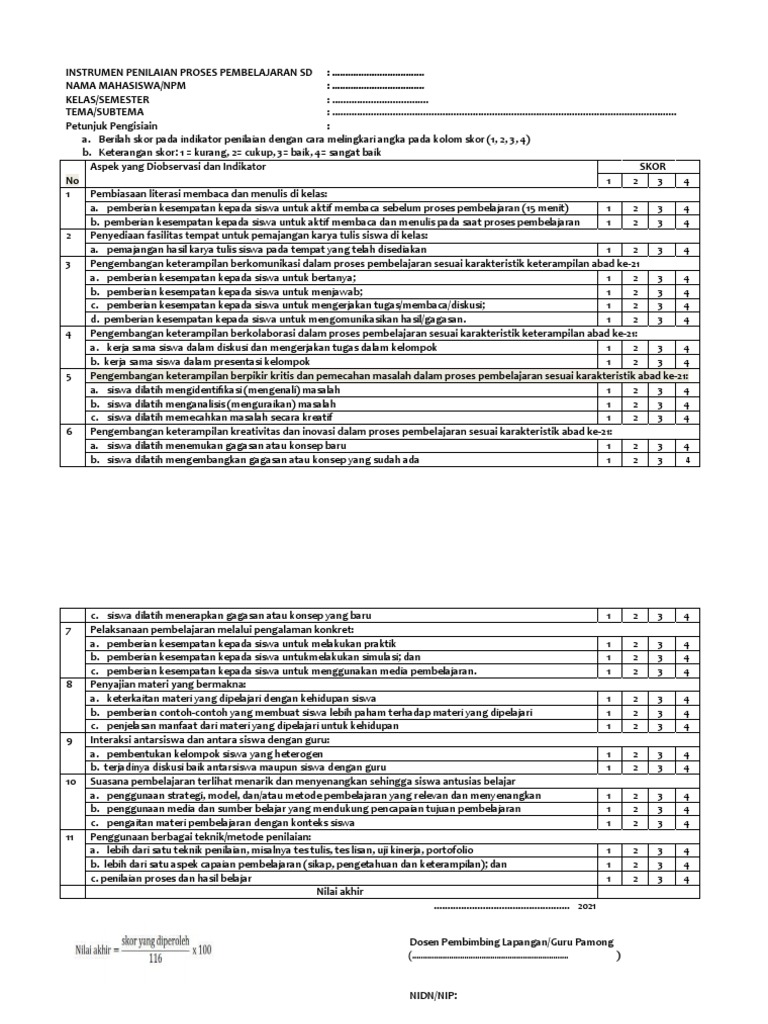Instrumen Penilaian Proses Pembelajaran (Harian, UTS Dan UAS) | PDF